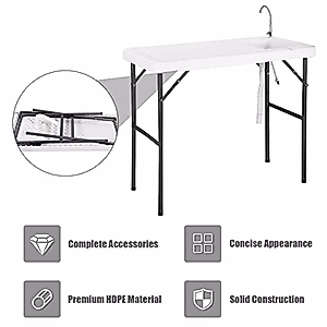 Goplus Portable Fish Cleaning Table with Sink, Folding Outdoor Camping Sink Station with Hose Hook Up, Heavy Duty Fillet Table with Faucet for Dock Beach Patio Picnic
