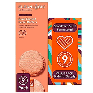 CleanLogic Bath & Body Exfoliating Dual-Texture Facial Pads, Face Sponges for Cleansing & Softening Sensitive Skin, MakeUp Remover Pads, Assorted Colors, 9 Count Value Pack