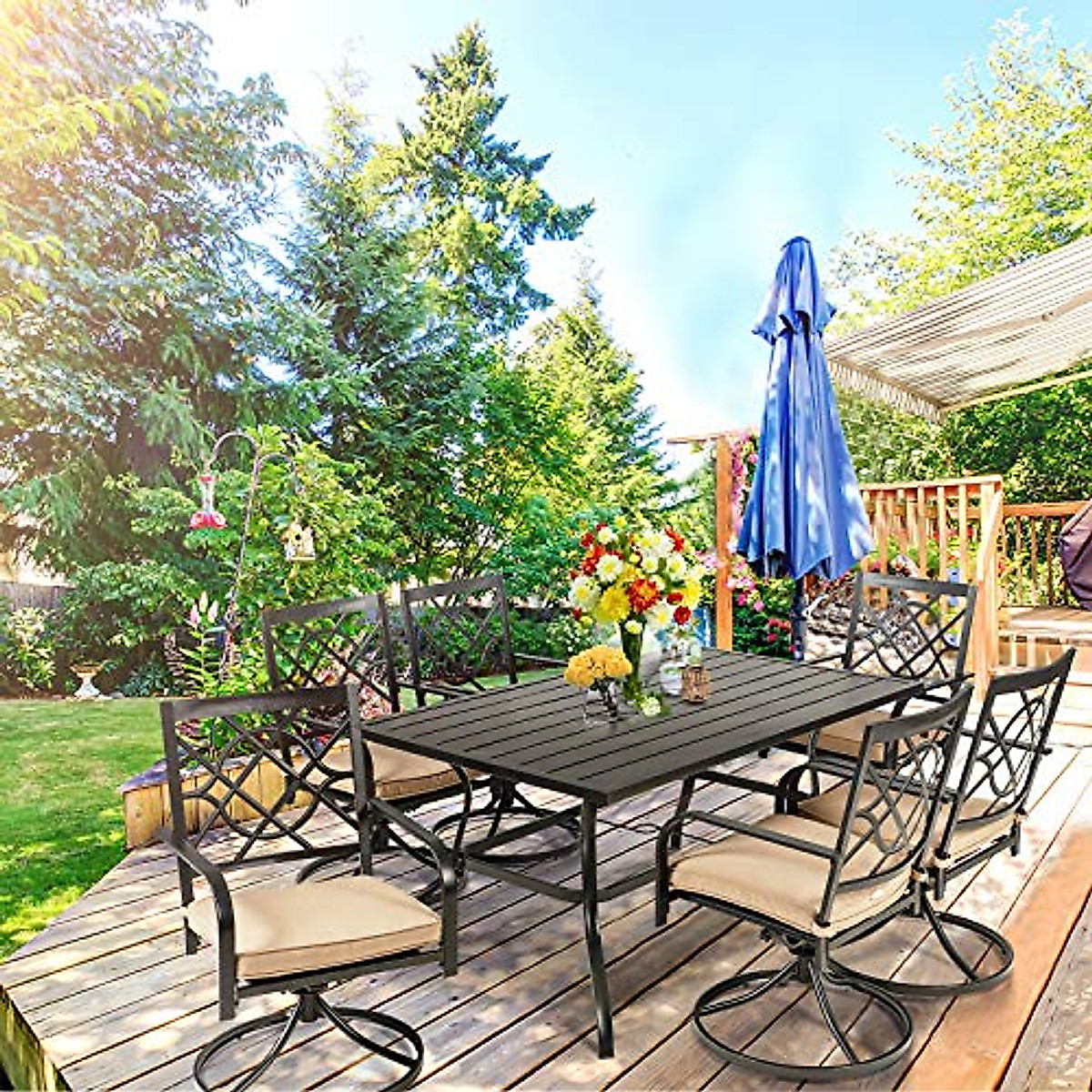 SUNCROWN 7 Pieces Outdoor Dining Set Metal Swivel Cushioned Chairs Patio Furniture Sets with Steel Slat Bistro Table for Backyard, Lawn, Garden