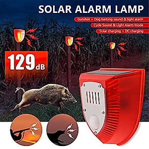 keeda Solar Security Light Alarm, 129dB Warning Loud Solar Strobe Light Makes Gunshot Sounds & Dog Barking Waterproof PIR LED Motion Sensor for Farm Barn Yard (2 Pack)