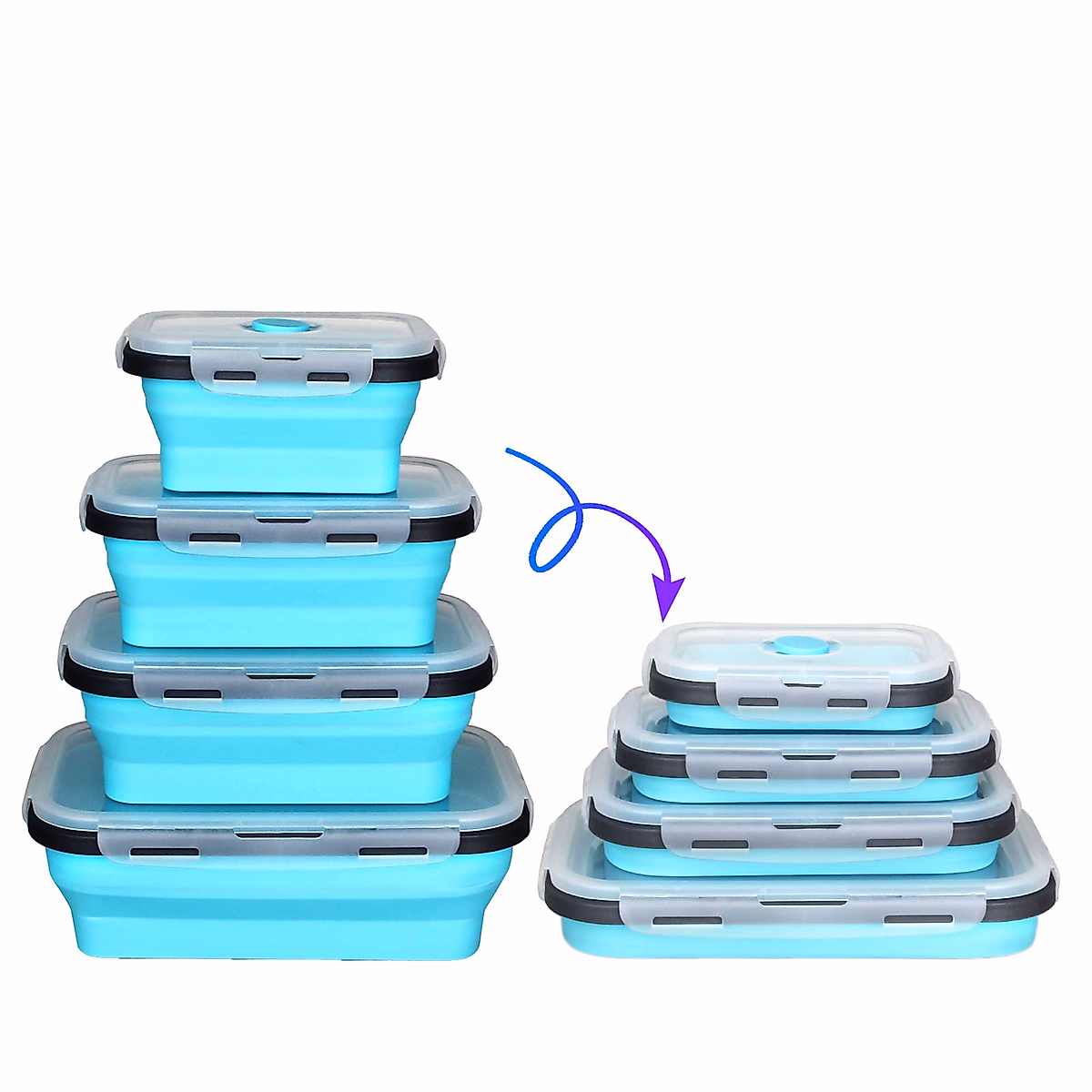 CREPOW Silicone Collapsible Food Storage Containers Set of 4 Silicone Lunch box Containers for Kitchen, BPA Free, Microwave, Dishwasher and Freezer Safe (Blue)
