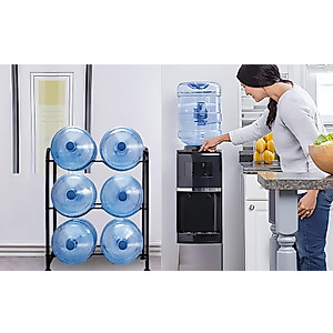 UMORNING 5 Gallon Water Bottle Holder, 3-Tier Water Cooler Jug Rack for 6 Bottles Heavy Duty Detachable Kitchen Organization and Storage Shelf, Black