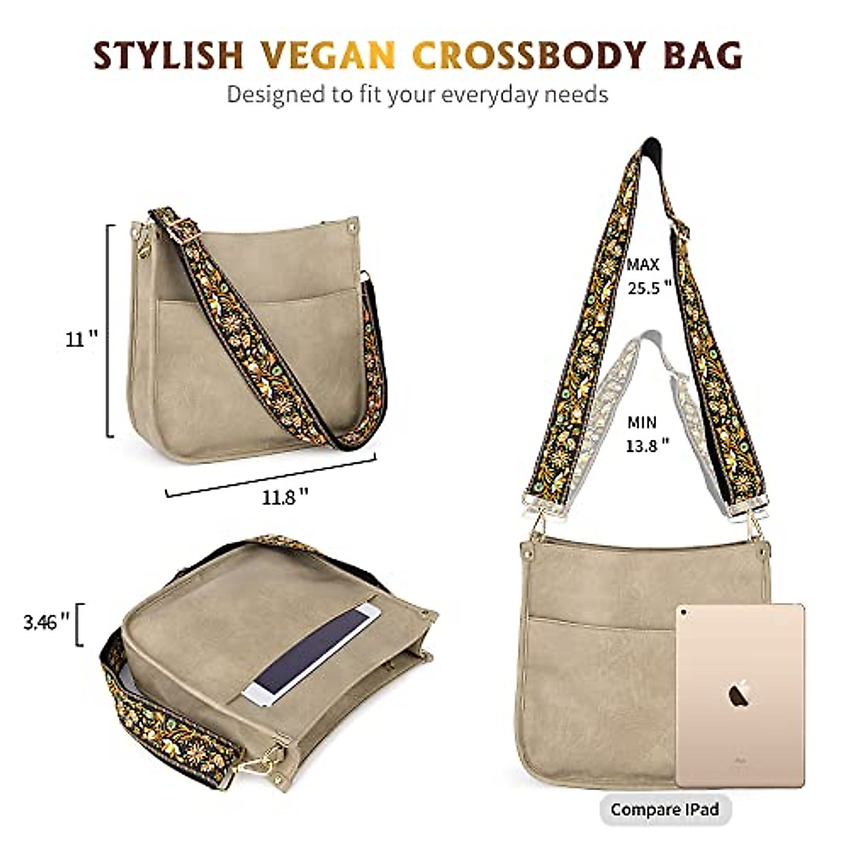 Viva Terry Vegan Leather Crossbody Fashion Shoulder Bag Purse with Adjustable Strap (Light Khaki)