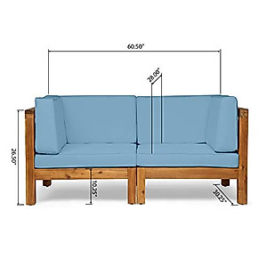Great Deal Furniture Keith Outdoor Sectional Loveseat Set | 2-Seater | Acacia Wood | Water-Resistant Cushions | Teak and Blue
