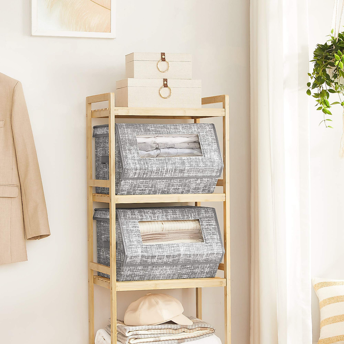 SONGMICS Stackable Storage Bins Set of 2, Fabric Storage Boxes with Lids, Storage Cubes with Magnetic Closures, Front Windows, Lids Can Stay Open after Stacking, Light Gray URLB002G02