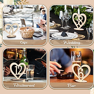 Blulu 40 Pieces Wooden Wedding Table Numbers Heart Shape 1-40 Table Numbers with Holder Base Standing Rustic Hollow Wood Table Numbers for Wedding Event Party Catering Decoration