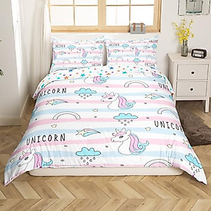 Feelyou Cute Unicorn Bedding Set Twin Size Pink Blue Stripe Duvet Cover for Kids Boys Girls Teens Rainbow Cloud Comforter Cover Set Kawaii Bedspread Cover 2Pcs Zipper