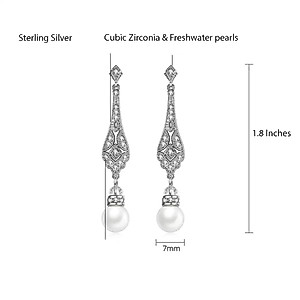 Frankie Fashions Vintage Pearl Dangle Earrings Pearl Wedding Earrings for Brides Bridesmaids Mother of the Bride w/Stunning Pearls and Cubic Zirconia (Silver)