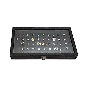 MOOCA Natural Wood Tempered Glass Top Jewelry Display Case Accessories Storage Box with Metal Clasp & Removable 50 Compartment Flocked Tray Liner, Wooden Jewelry Tray for Collectibles, Black