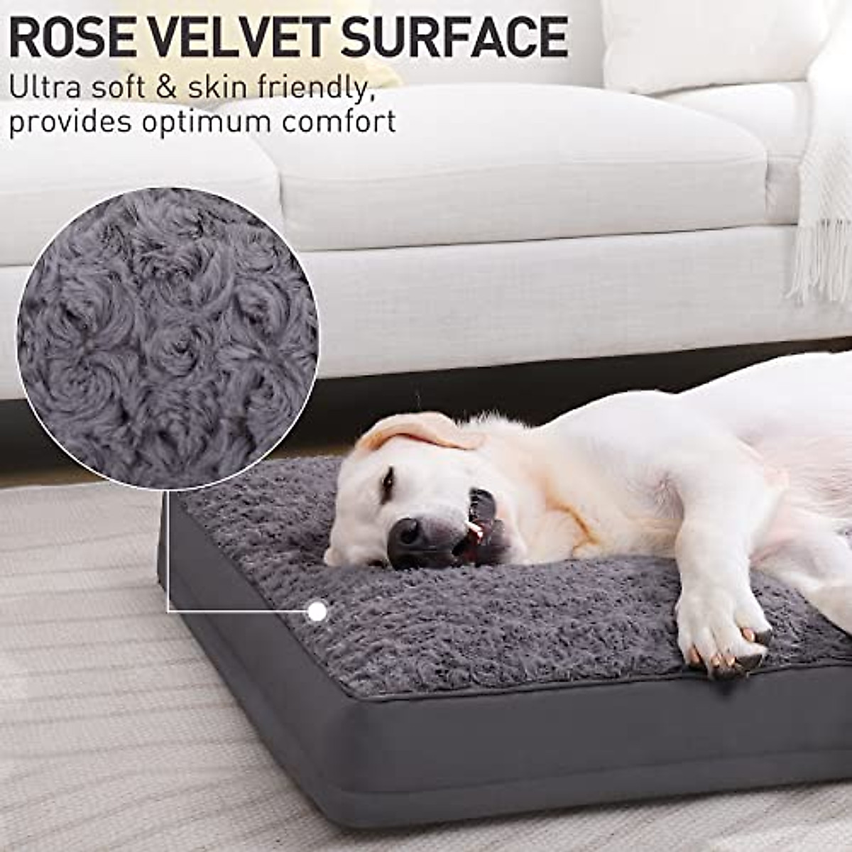 Dog Crate Bed Waterproof Dog Beds for Medium Dogs Rose Velvet Soft Fluffy Washable Dog Bed with Removable Cover & Anti-Slip Bottom, 41 x 27 Inch, Gray