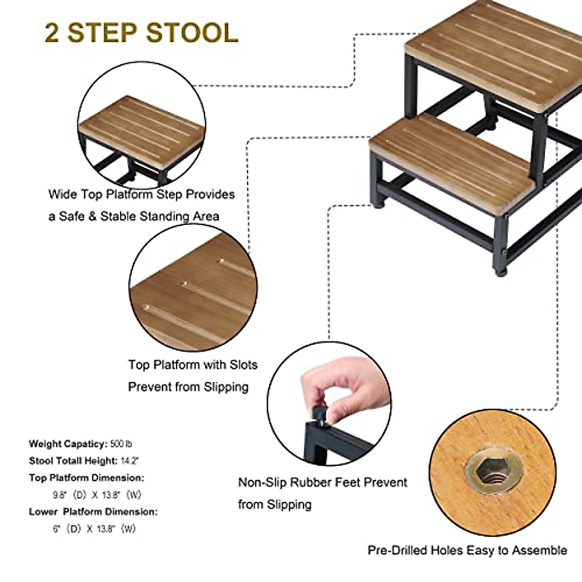 Wooden Step Stools for Kids and Adults, Heavy Duty Bed Steps for High Beds for Adults with Non-Slip Grooves Surface, 2 Step Stool for Bedroom, Kitchen, Bathroom - Holds up to 500 LBS by RORKEE