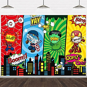 Cartoon Super Heros Backdrop Birthday Decorations City Hero Themed Film Fans Kids Family Party Decor Cake Table Photography Background Photo Booth Props (7x5FT(210x150cm))