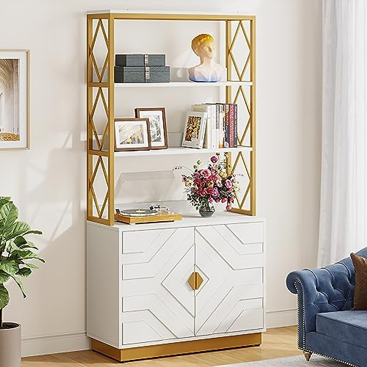 Tribesigns White and Gold Bookshelf with Doors: 70.9 Inches Tall Etagere Bookcase with 3 Shelves 2 Cabinets, Modern Open Display Book Shelves with Metal Frame for Living Room Bedroom Office