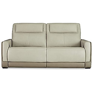 Signature Design by Ashley Battleville Contemporary Leather 2 Seat Power Reclining Sofa with Adjustable Headrest, Light Gray