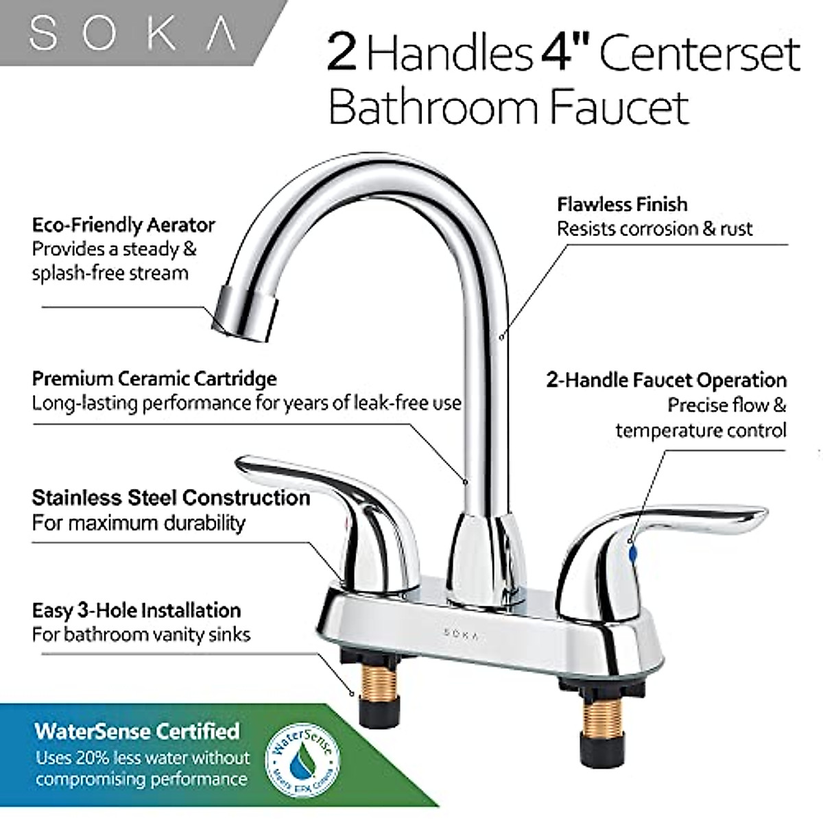 SOKA Two Handles Centerset Bathroom Faucet For Sink High Arc Stainless Steel With Deck Plate & Pop-Up Drain Assembly Fit 3 Hole Installation, Chrome (SK18001C)