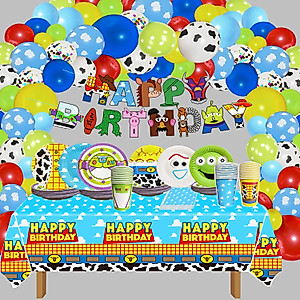 Cartoon Story Party Supplies 133pcs Party Decorations include Paper Plates Napkins Cups Tablecloth and Banner for Boys Girls 1st 2nd 3rd 4th Birthday Decor, Serve 30 Guest