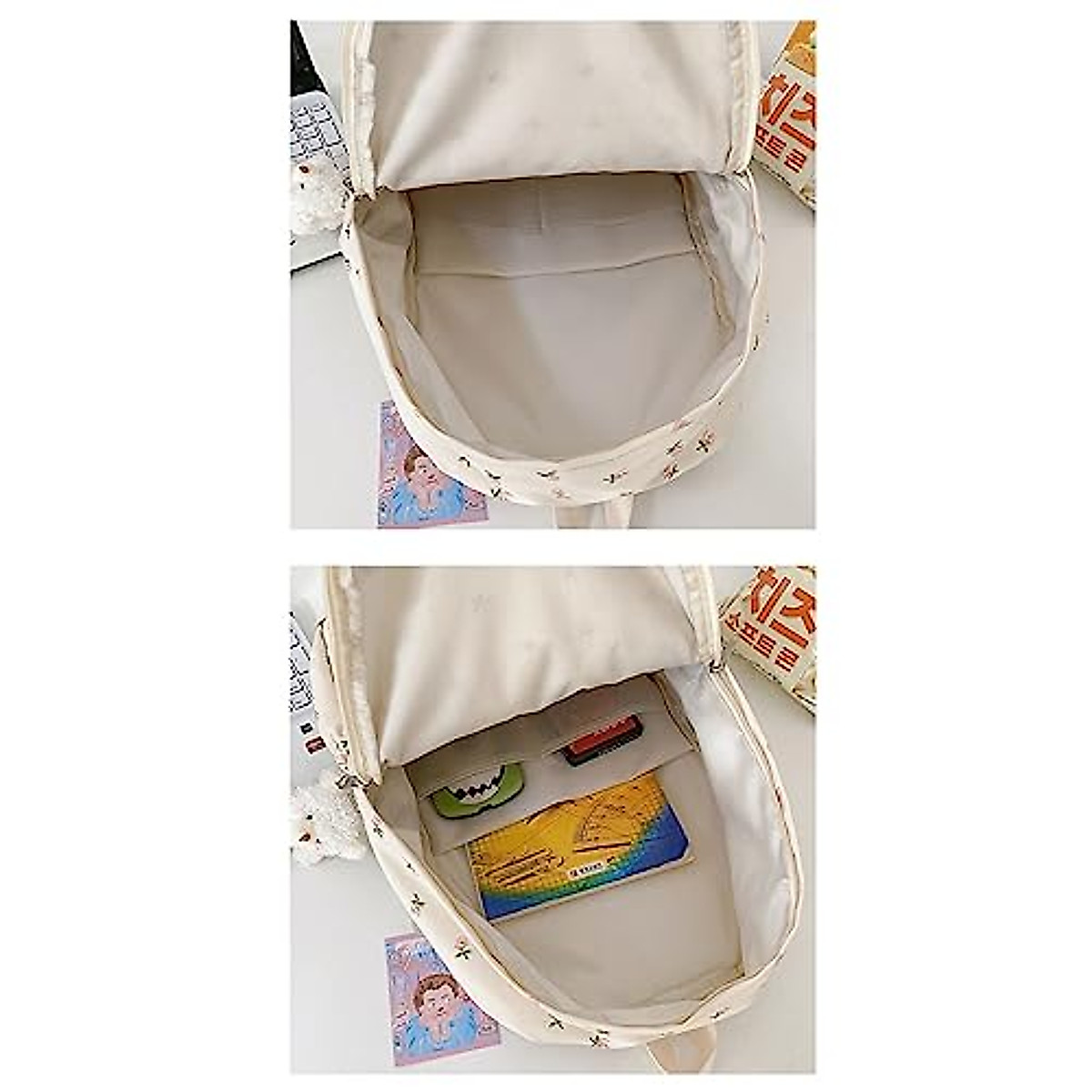 JHTPSLR Cottagecore Aesthetic Backpack with Plushies Pink Floral Preppy Backpack Flowers Backpack Cute Kawaii Backpack Book Bags (Beige)