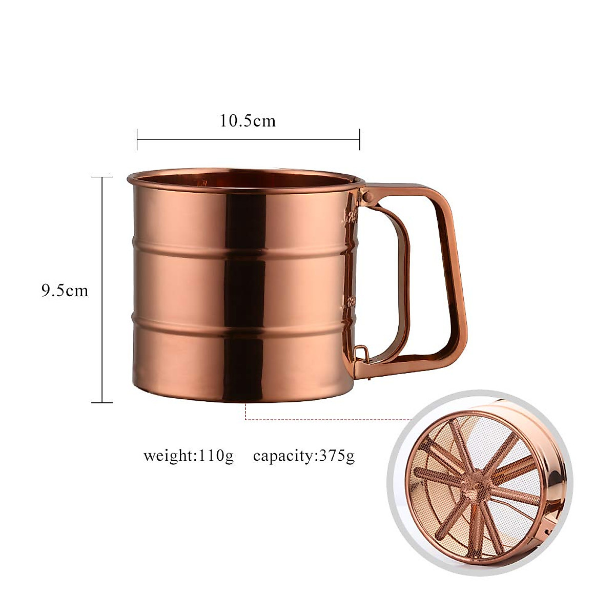 QIBOORUN Stainless Steel Sieve Cup Powder Flour Baking Tool Icing Sugar Mesh Sieve Colander Crank Sifter With Measuring Scale Baking Flour Sifter, 1-Cup Capacity -Rose Gold