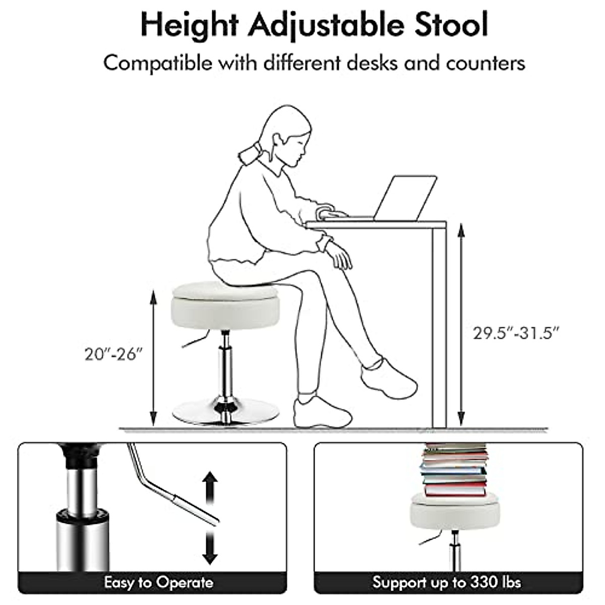 COSTWAY Counter Height Bar Stool, Tufted PU Leather 20"-26" H Adjustable Swivel Vanity Chair with Removable Tray Top and Storage Space, Modern Round Ottoman for Makeup Kitchen Island Shop, White