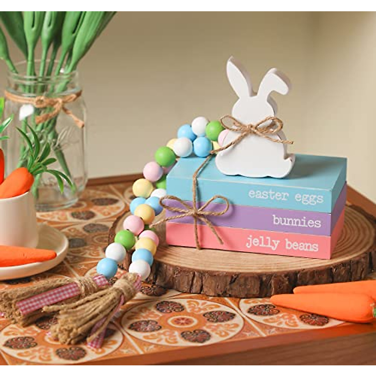 Easter Tiered Tray Decor, Spring Easter Decor for Table, Wood Book Stack with White Bunny and Bead Garland for Easter, Farmhouse Easter Mini Faux Decorative Books Bundle