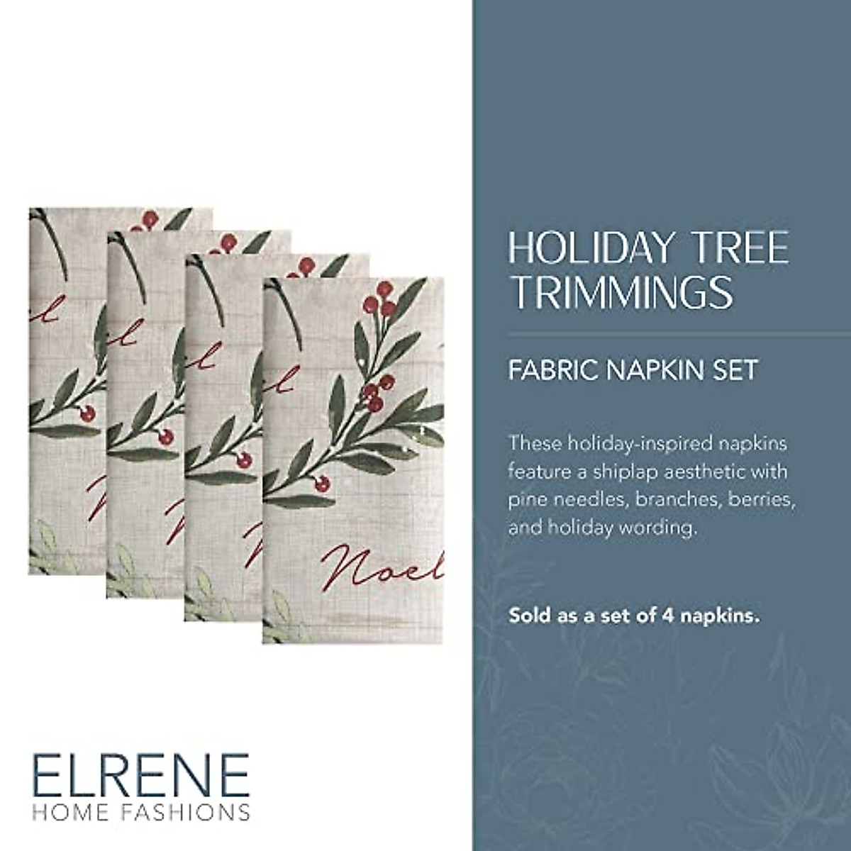 Elrene Home Fashions Holiday Tree Trimmings Fabric Napkins, Set of 4, 17 Inches x 17 Inches