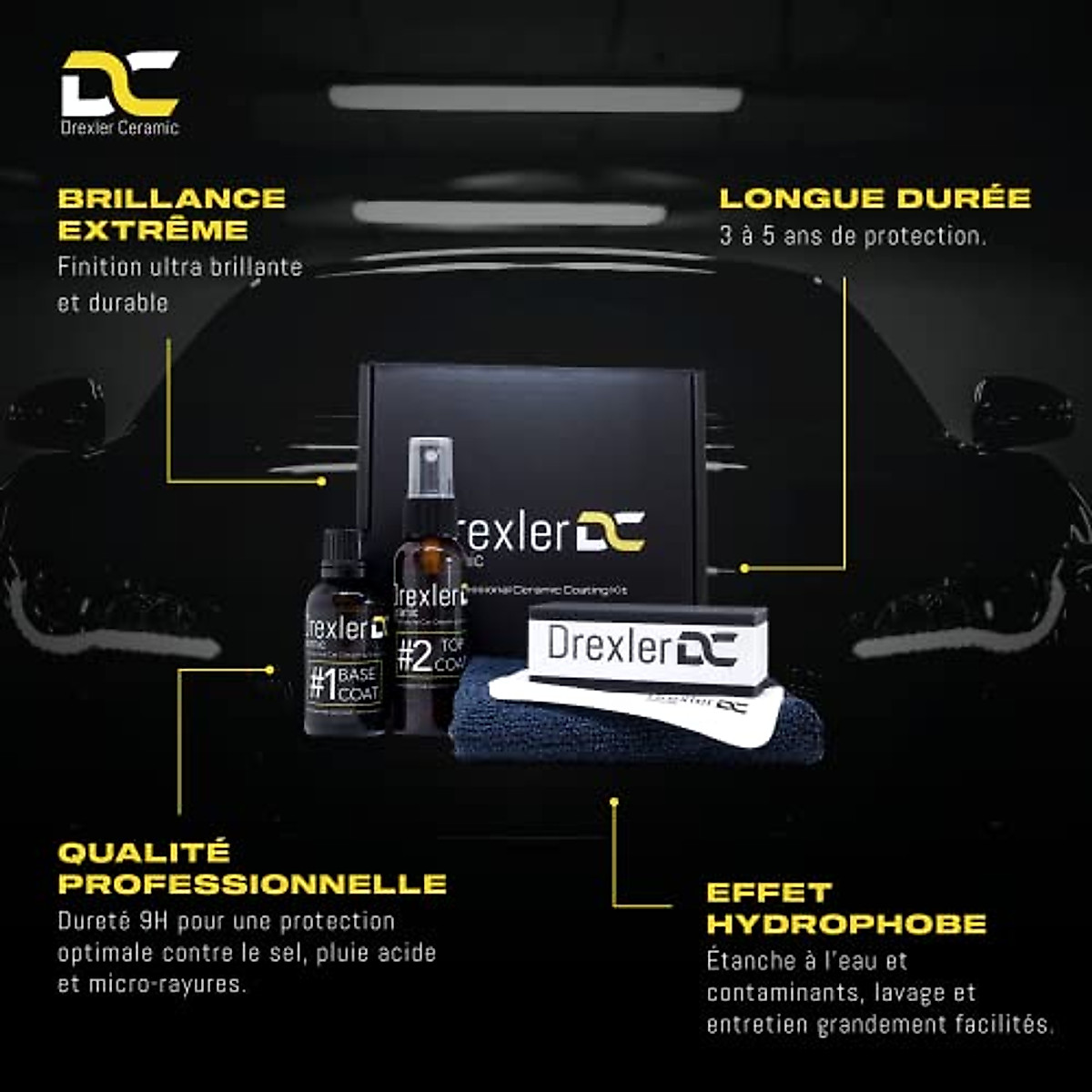Drexler Ceramic Coating Kit 9h - Professional Grade, 3-5 Years of Gloss & Protection for Cars, 9h Hardness, Extra Hydrophobic Coating, High Shine Finish
