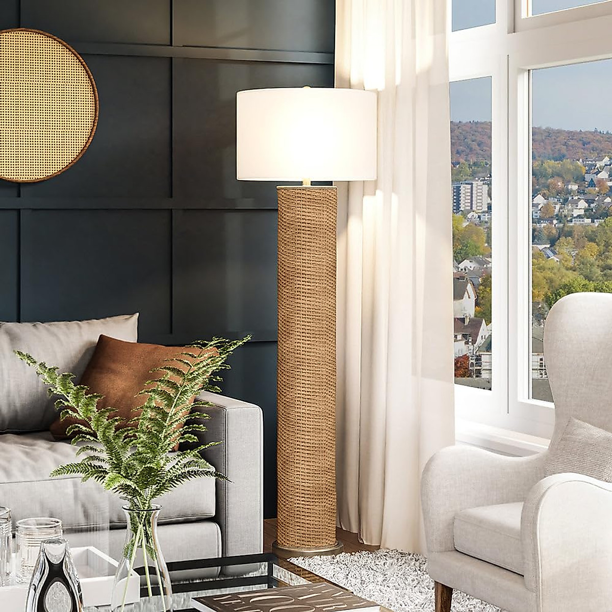 Urban Ambiance Luxury Scandinavian Floor Lamp, 19''W x 19''D x 64''H, with Modern-Farmhouse Elements, Natural Brown Finish and a White Linen Hardback Shade, UEX8102