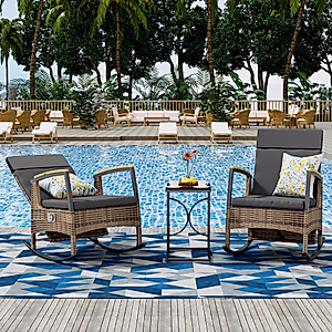 BALDPER 3-Pieces Outdoor Recliner Chair Set, Rattan Wicker Rocking Chair with Adjustable Backrest, Cushions, and C Shaped End Table for Patio Home Backyard Garden, Grey