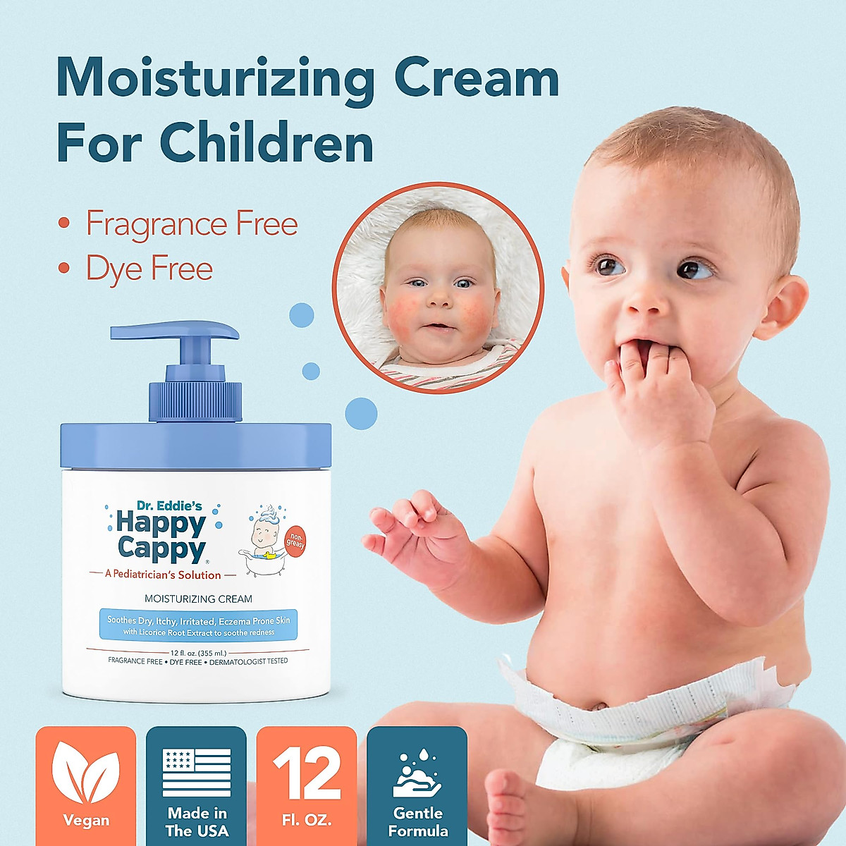 Happy Cappy Dr. Eddie's Pediatrician-Formulated Moisturizing Baby Lotion - Gentle, Paraben Free, Hypoallergenic, Sulfate Free - Soothes Dry Skin, Eczema and Reduces Redness, 12 oz