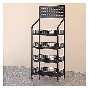 Convenience Store Shelf Cart 4 Tier, Supermarket Portable Display Rack for Snacks/Drinks/Can/Toys, with Hooks & Wheels, Commercial Home, Carbon Steel Frame (Color : Black-4 Tier, Size : 50x27x140cm