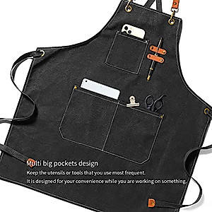 NLUS Chef Apron, Canvas Cross Back Apron for Women Men, Waterdrop Resistant Apron with Adjustable Strap and Large Pockets (black)