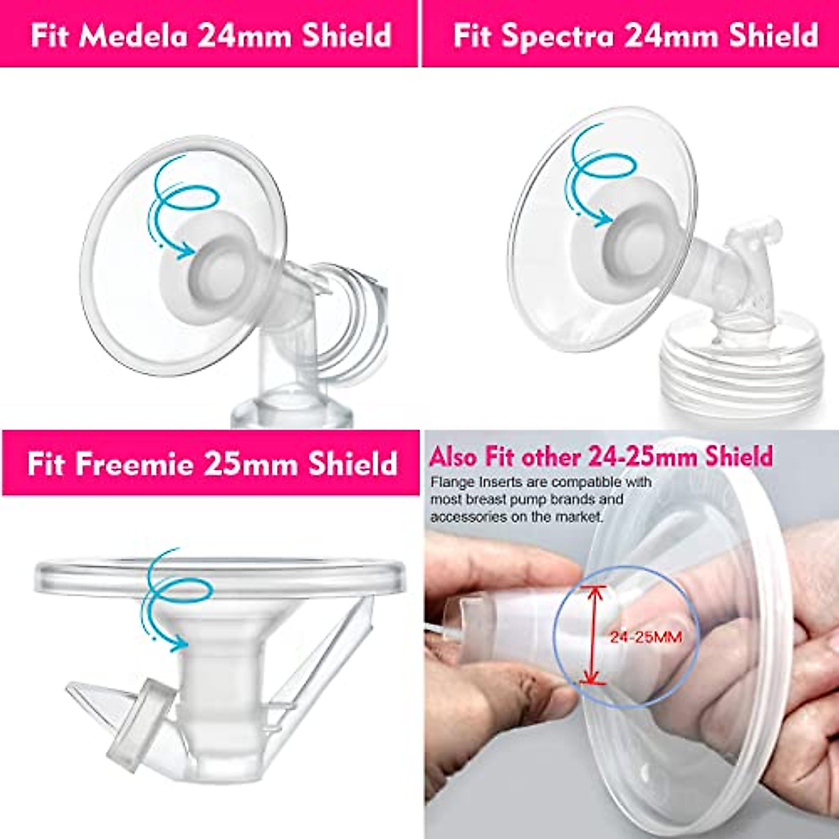 Durceler 22mm Silicone Flange Inserts Compatible with Medela/for Spectra S1 S2 / Elvie/Willow go/Momcozy S12/ TSRETE 24mm Breast Pump Shields or Freemie 25mm; Reduce Nipple Tunnel Down to 22mm