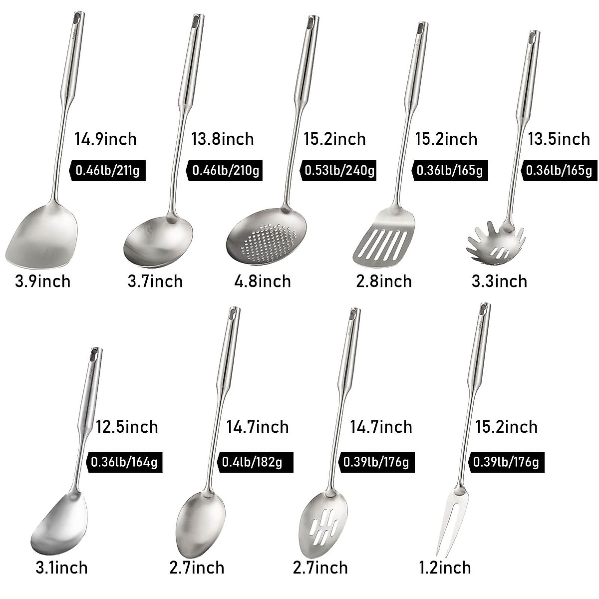 304 Stainless Steel Kitchen Utensils Set, Standcn 9 PCS Metal Cooking Tools Set with Meat Fork, Solid Spoon, Slotted Spoon, Spatula, Ladle, Skimmer, Slotted Spatula, Spaghetti Server, Large Spoon