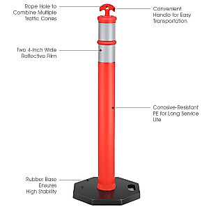 Goplus 45" Delineator Post Cone, 6 Pack Traffic Cone Safety Barrier with 4" Reflective Collars, 10lbs Octagonal Rubber Base, Perfect as Parking Posts, Construction Cones, Street Stanchions