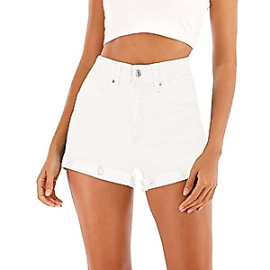 Cuihur Women's Casual High Waisted Stretchy Denim Shorts Ripped Folded Hem Jeans Shorts White 16