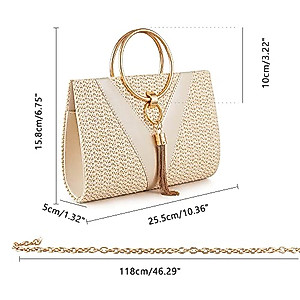 JURLEA Women Evening Bag Tassels Clutch Bag Glitter Clutch Purse Wedding Party Straw Clutch with Chain (White - Straw)