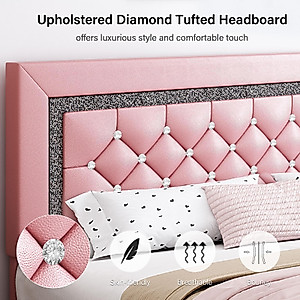 Twin Bed Frame, Upholstered Platform Bed with Diamond Button Tufted Headboard, Girls Twin Bed Fame, Princess Bed Frame with Crystal Tufted Headboard, Wooden Slats Support, Easy Assembly, Pink
