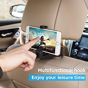 AICEL 2PCS Car Headrest Phone Mount, Backseat Magnetic Phone Holder, Rear Car seat Headrest Storage Hook, Auto Hooks Hanger with Lock and Phone Bracket for Hanging Bag Grocery (Silver/Hold)