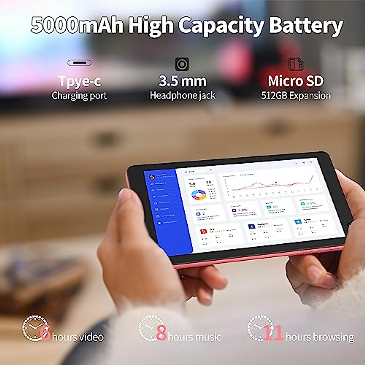 VOLENTEX 8 Inch Tablet, Android 13 Tablet PC 8GB(4+4GB Expand), 64GB ROM, 1TB Expand,1280x800 HD IPS Screen, 5000mAh Battery, Dual Cameras, Bluetooth, WiFi, and Type-C Port(Pink)