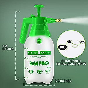 Garden Sprayer, ¼ Gallon Pump Sprayer, 1L Weed Sprayer, 34 Oz Water Sprayer | Pump Spray Bottle For Lawn Sprayer, Plant Mister, Safety Valve & Adjustable Brass Nozzle, Pressure Hand Sprayer By Ram Pro