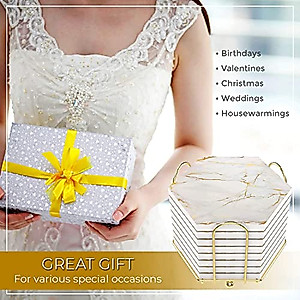 8 PC Coasters for Drinks Absorbent With Holder | Marble Design Ceramic Coaster Set | Super Absorbent Hot and Cold Drink Coasters | Table Coasters With Cork Bottom | Cup Coasters for Living Room + More