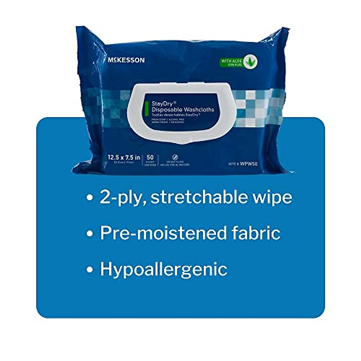 McKesson StayDry Disposable Wipes or Washcloths for Adults with Aloe, Incontinence, Alcohol-Free, Not-Flushable, 50 Wipes, 1 Pack