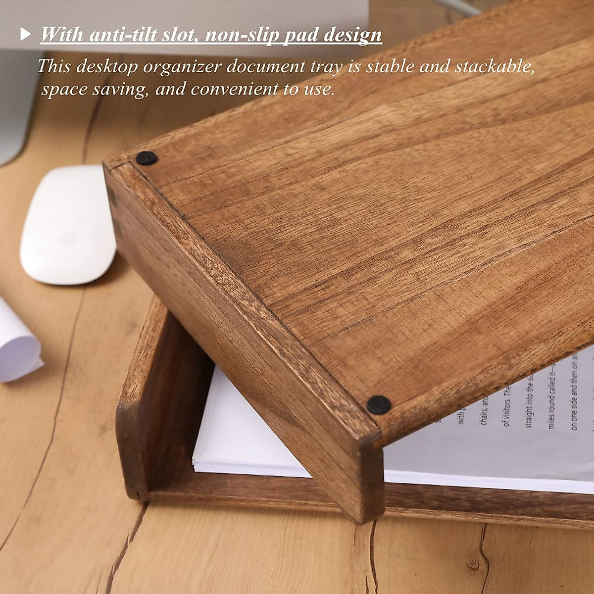 DDYURI Desktop File Trays Stackable Paper Tray for Letter/A4 Size Magazine - Wood Office Document Organizer Shelf - Wooden Folder Organization Rack Desk Tray Pack of 2 Dark(2CTP-DK)