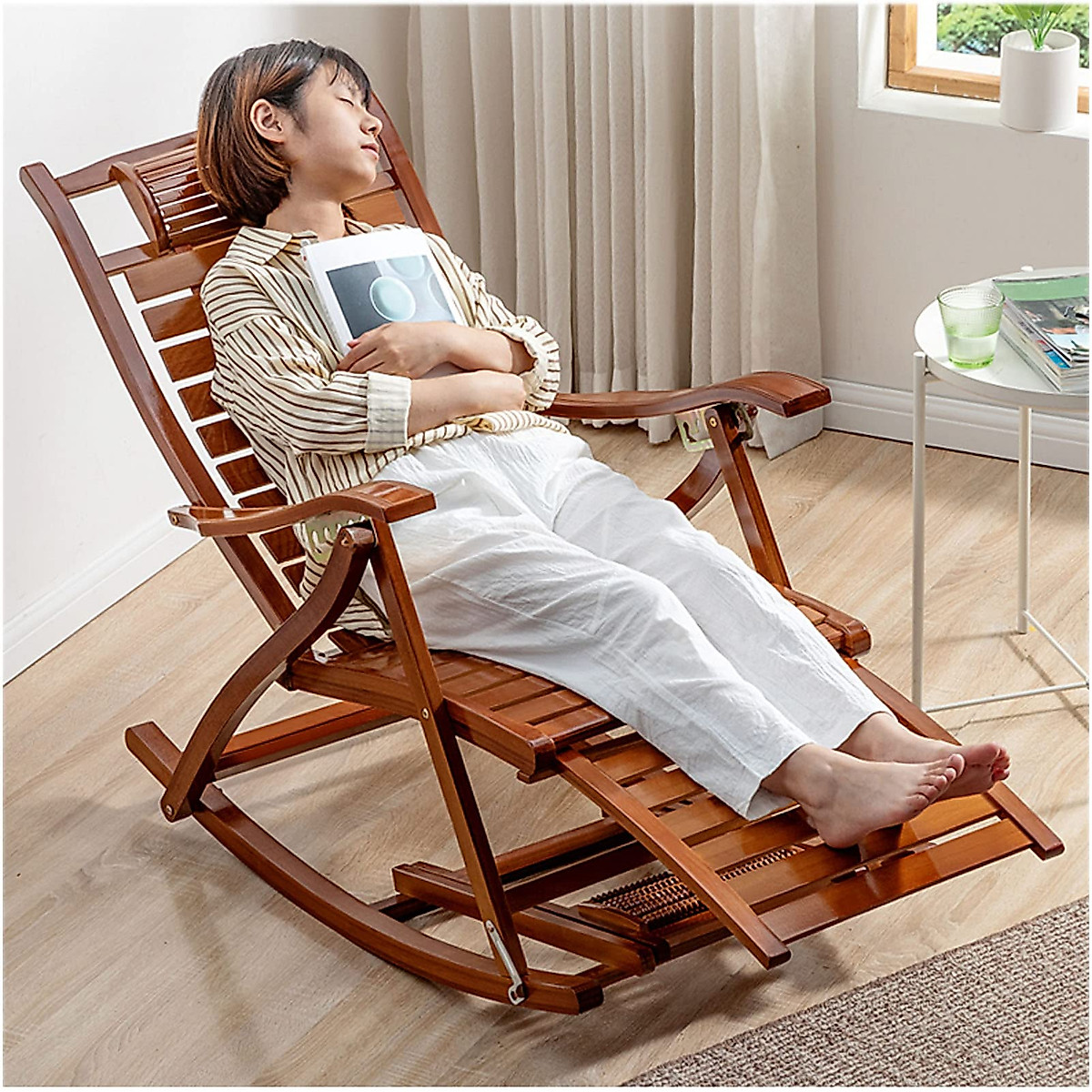 BROHN Lounge Chair, Foldable Wood Outdoor Chaise Lounge Rocking Chair Porch Rocker Outdoor Sun Lounger