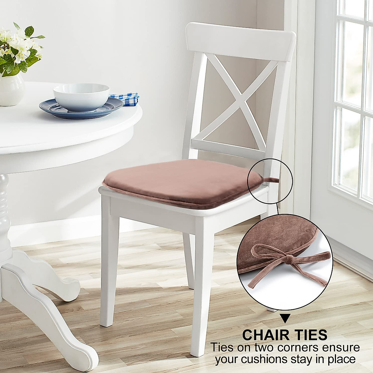 Wellsin Chair Cushions for Dining Chairs 4 Pack, Memory Foam Seat Cushions for Kitchen Chairs, 17"x16"x1.5" Kitchen Chair Cushions with Ties,Brown