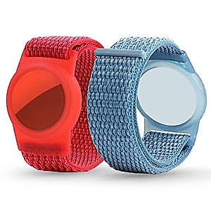 Air tag Wristband Kids(2 Pack), Nylon Air tag Bracelet for Kids Compatible with Apple Air tag, Airtags Holder with Lightweight Elastic Strap Watch Band, Item Finder Holder for Kids(Red & Blue)