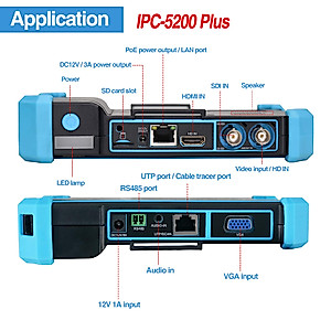 Rsrteng IP Camera Tester, IPC-5200 Plus 8MP AHD CVI TVI SDI CVBS IP Camera Test 4K HD Display Video Monitor 5inch IPS Touch Screen IPC Tester Support POE PTZ RS485 HDMI & VGA Input DC12V Output