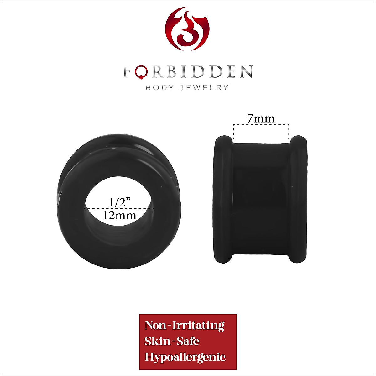 Forbidden Body Jewelry Set of Black 1/2 Inch Ultra Soft Comfort Fit Silicone Ear Gauges, 12mm Flat Double Flared Tunnel Plug Earrings