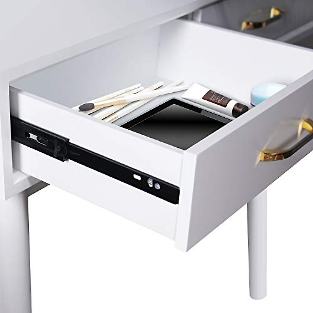 FUNKOCO Vanity Table Set with Lighted LED Touch Screen Dimming Mirror,Makeup Dressing Table with 2 Sliding Drawers, 1 Cushioned Stool for Bedroom, Bathroom (White)