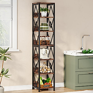 Tribesigns 6-Tier Bookshelf Storage Shelves: 75 Inches Tall Narrow Bookcase with Heavy Duty Metal Frame, Skinny Open Storage Display Rack for Living Room, Bedroom, Kitchen, Bathroom, Brown